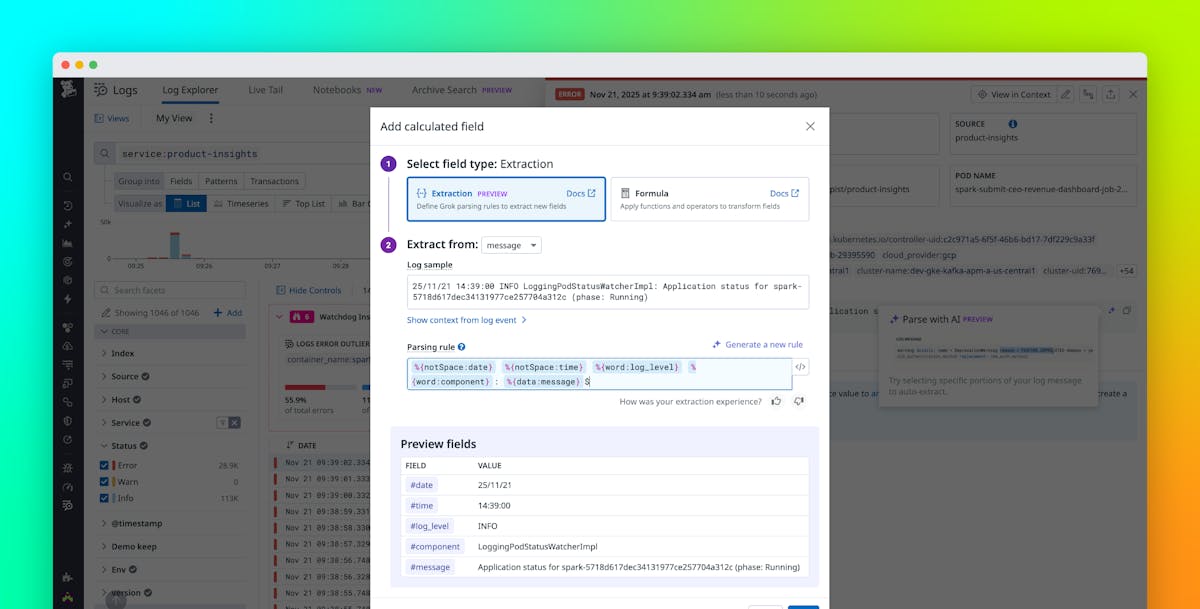 Accelerate investigations with AI-powered log parsing | Datadog
