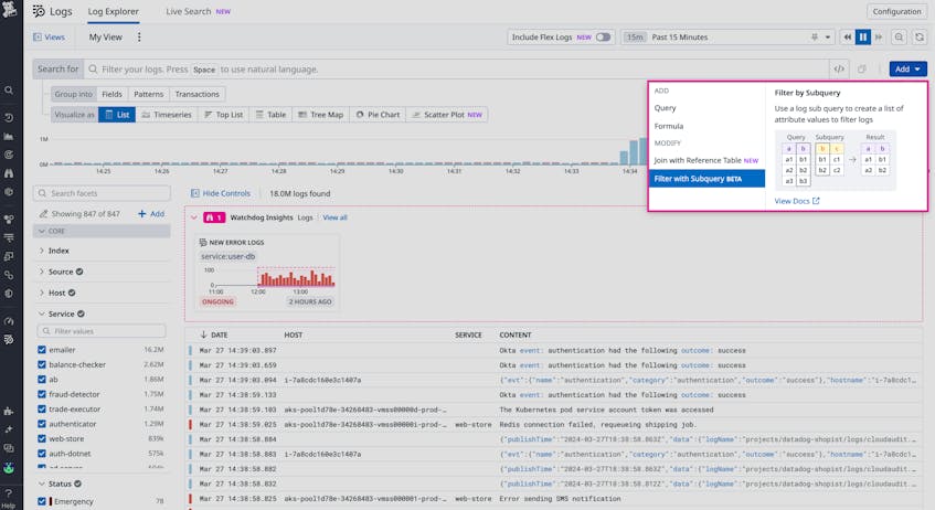 Filter and Correlate Logs Dynamically Using Subqueries | Datadog