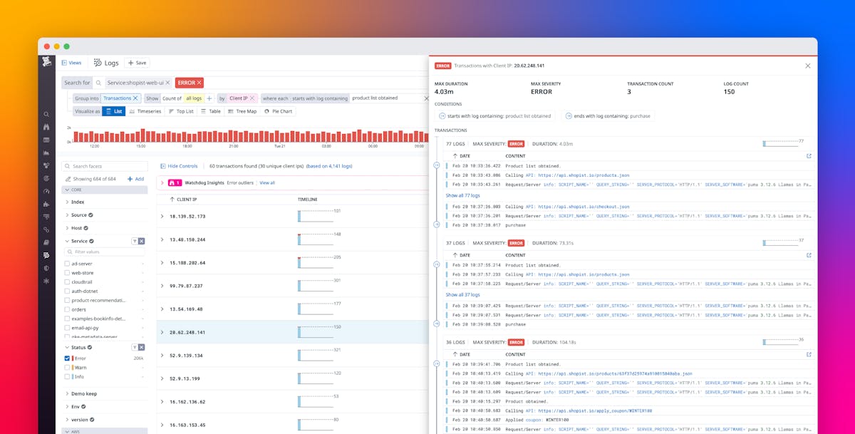Group your logs to analyze processes with Log Transaction Queries | Datadog