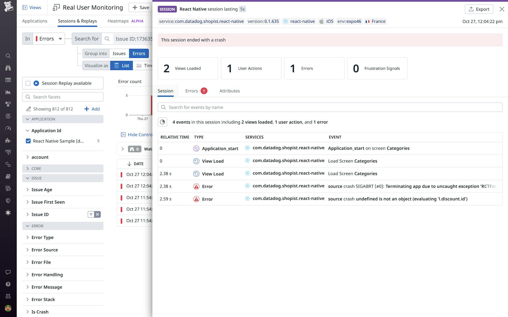 RUM Now Offers React Native Crash Reporting and Error Tracking | Datadog
